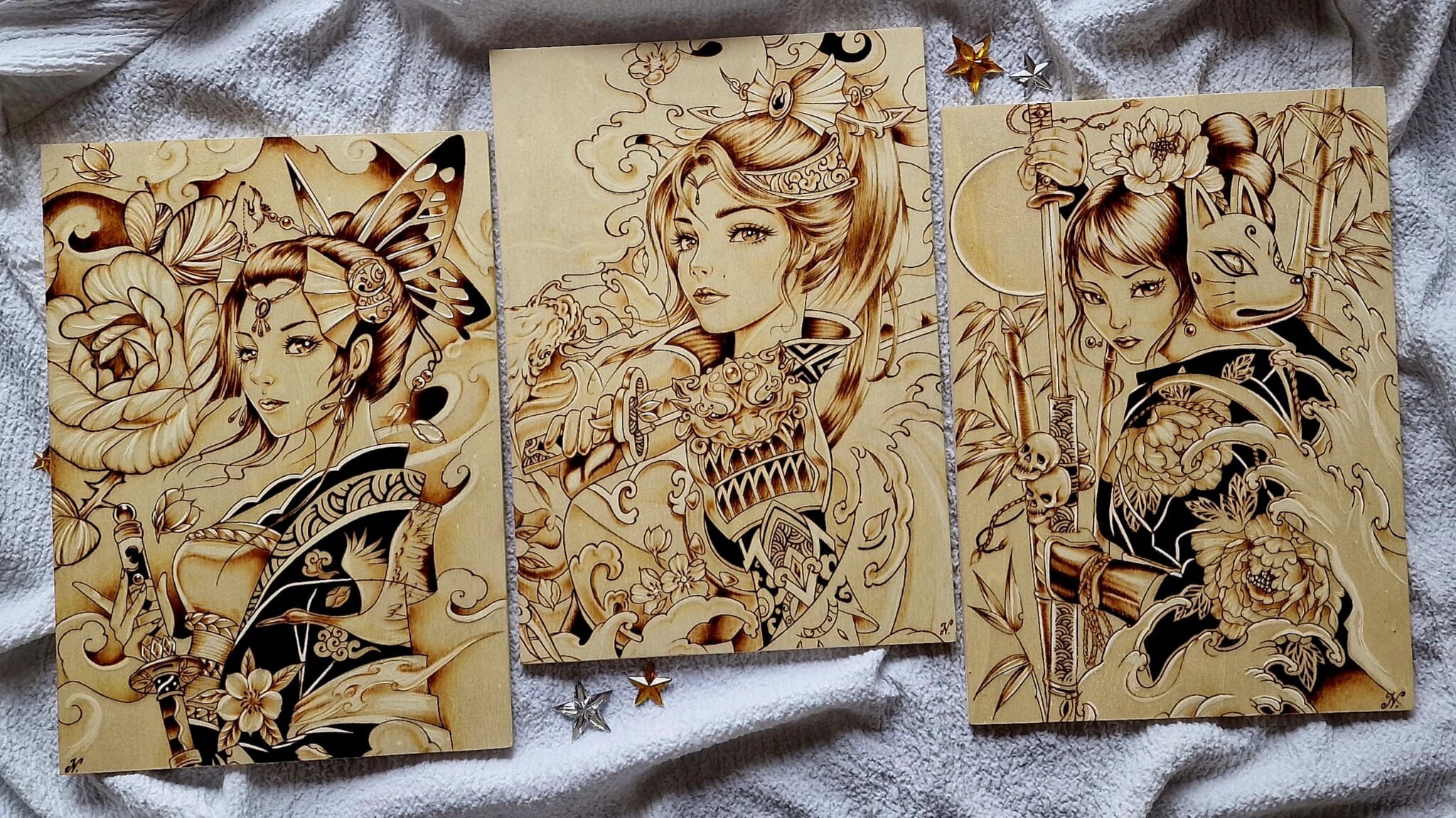 Pyrography Woodburning Handmade Three Beautiful Female Samurai ...