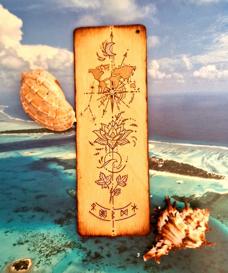 Pyrography Woodburning Handmade Bookmark Compass, Tree Leaf, Lotus ...