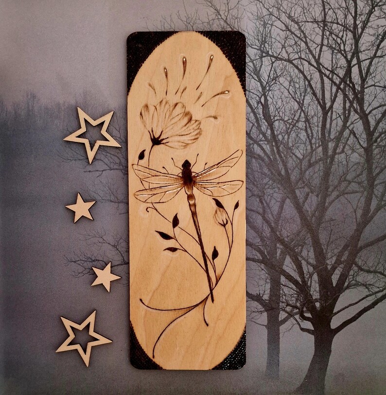 Pyrography Woodburning Handmade Bookmark With Dragonfly and Flower ...