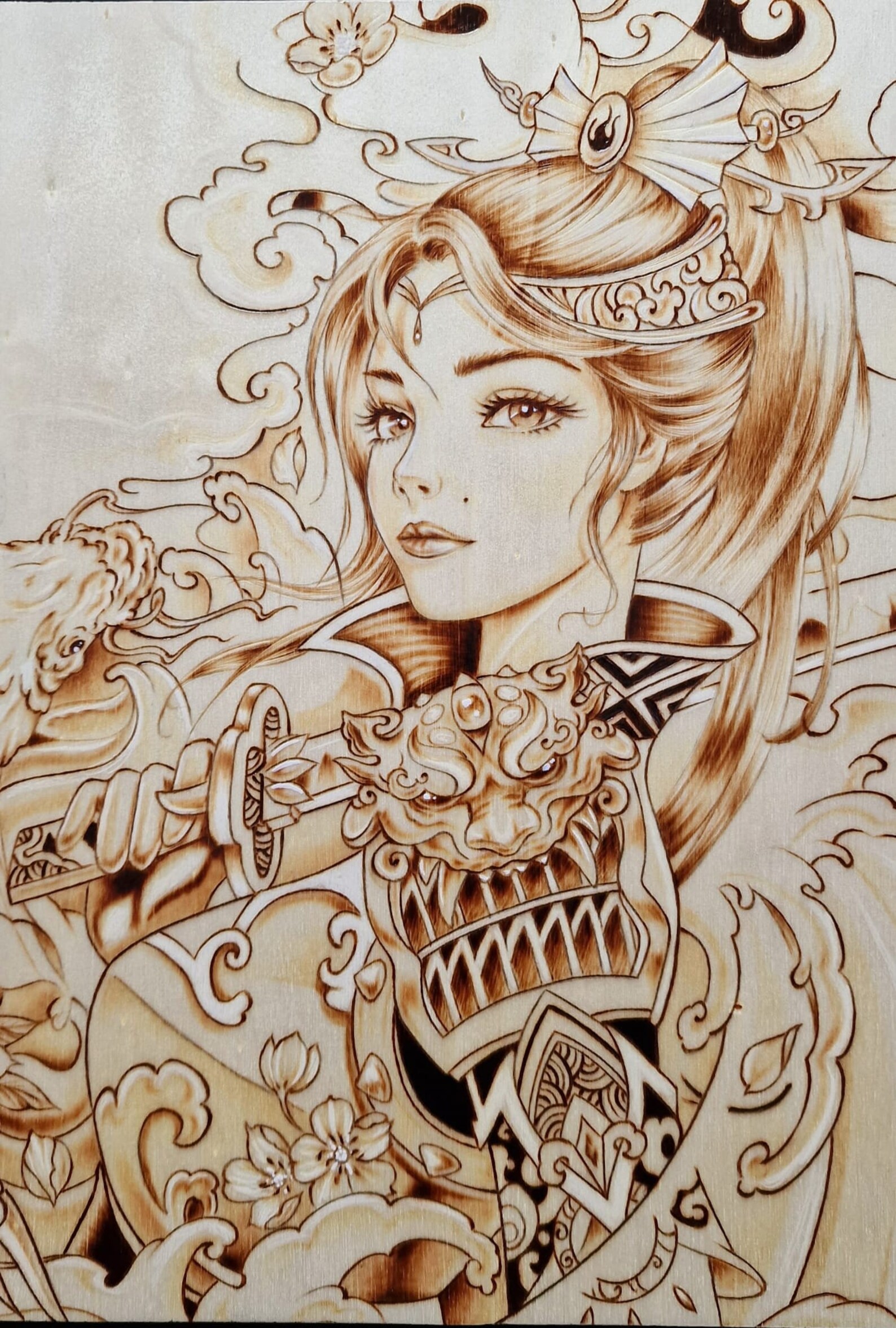 Pyrography Woodburning Handmade Beautiful Female Samurai Tattoo Style ...