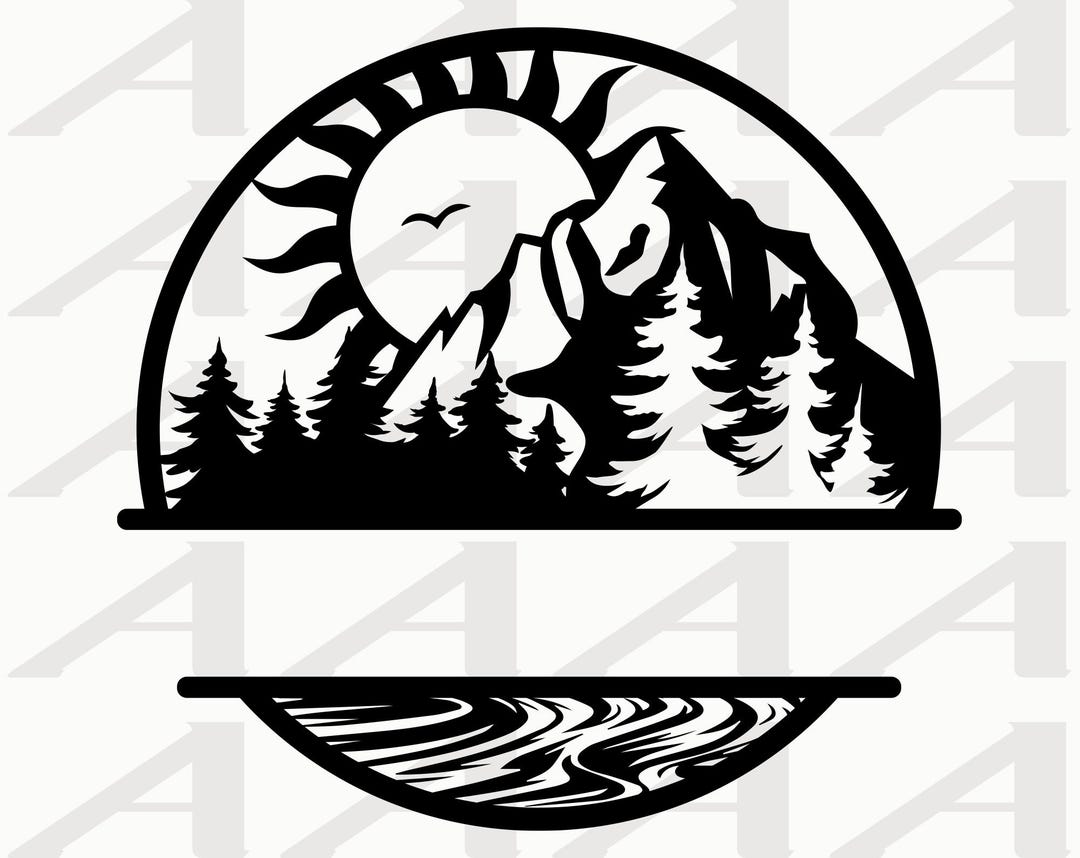 Mountain, Lake, Forest and Sun Monogram - Split Name Frame - Mountains ...