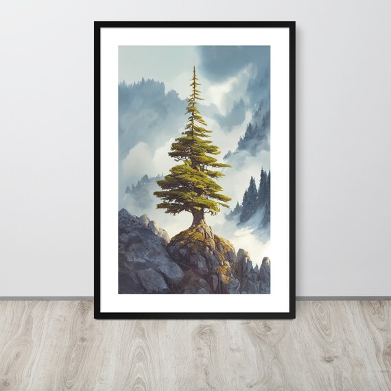 Mountain Spruce Tree Painting Nature Art Print Fantasy - Etsy