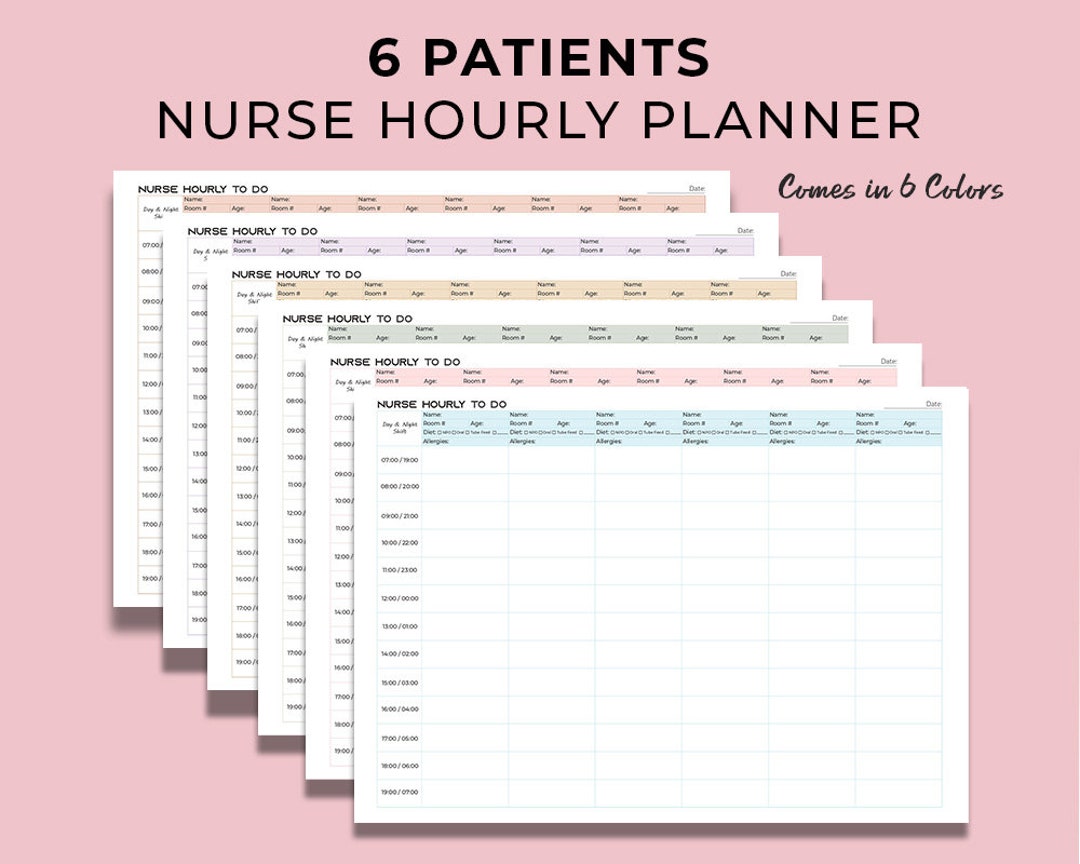 6 Patient Nurse Hourly to Do, Nurse Shift Planner, Nurse to Do List ...