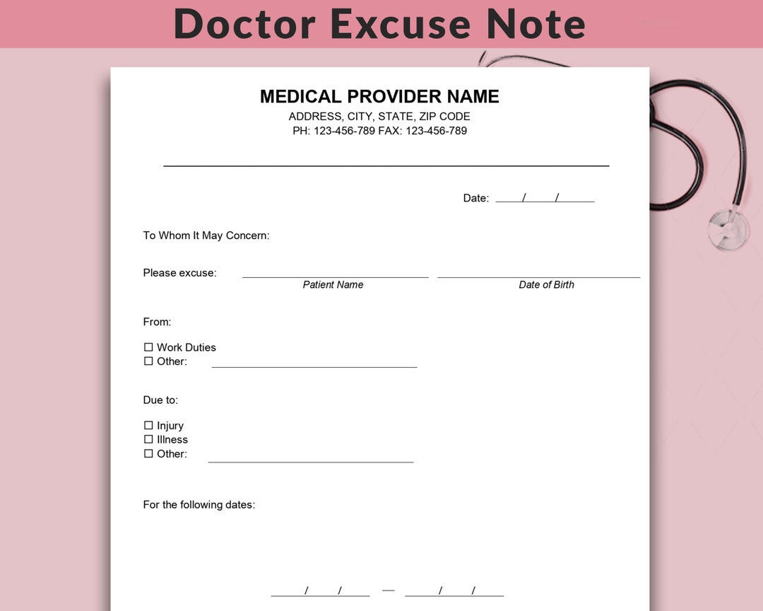 Custom Doctor's Note, Doctor Excuse for Work, Doctor's Excuse Letter ...