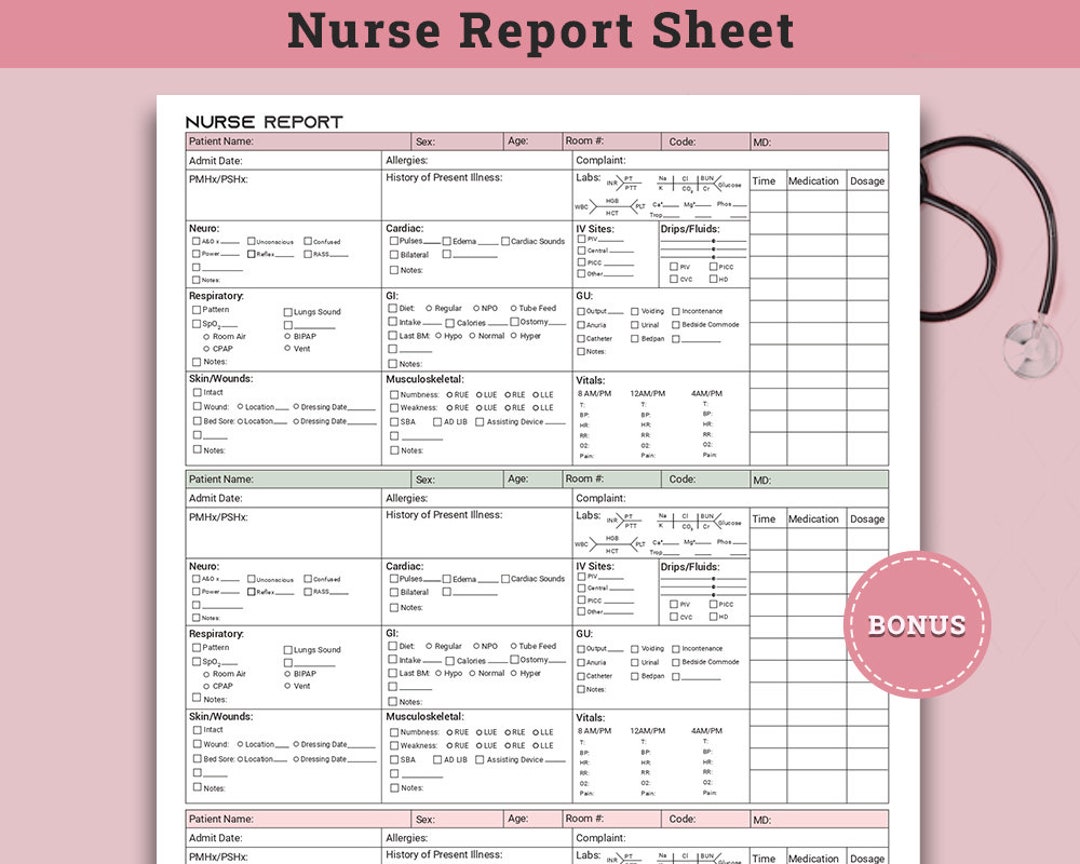 3 Patient Med Surg Nurse Report Sheet Template RN Nurse - Etsy