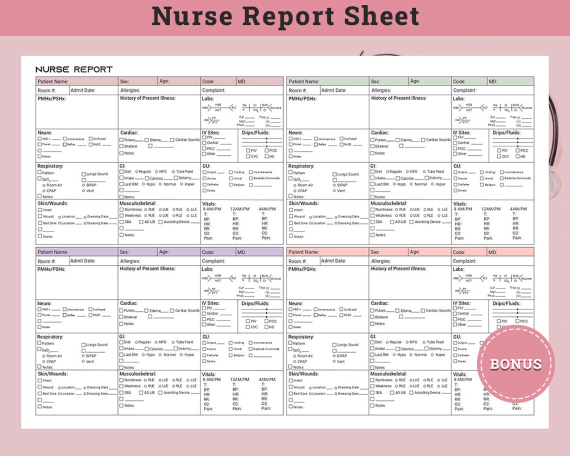4 Patient Nurse Report Sheet Template Nurse Brain Sheet SBAR - Etsy Canada