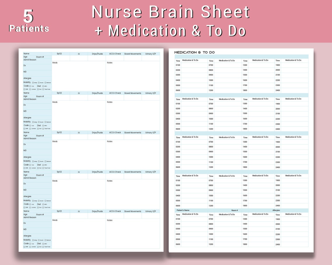 Nurse Brain Sheet 5 Patient Nurse Report Sheet Med Surg Report Sheet ...