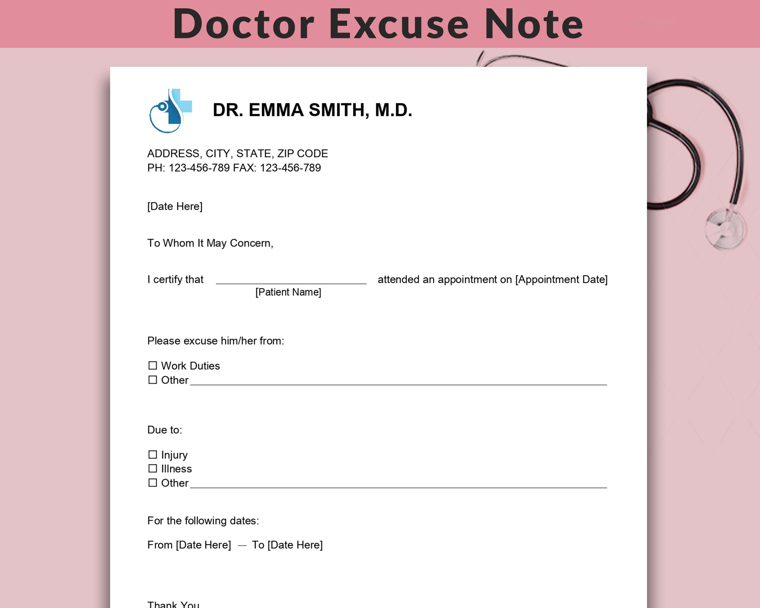 Doctor Excuse Template, School Excuse Note, Doctor Excuse for Work ...