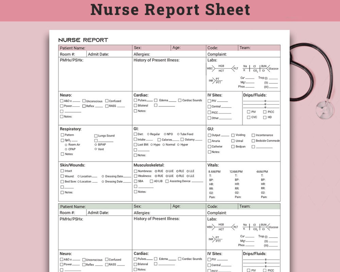 2 Patient Nursing Report Sheet Med Surg ICU Report Sheet - Etsy Canada