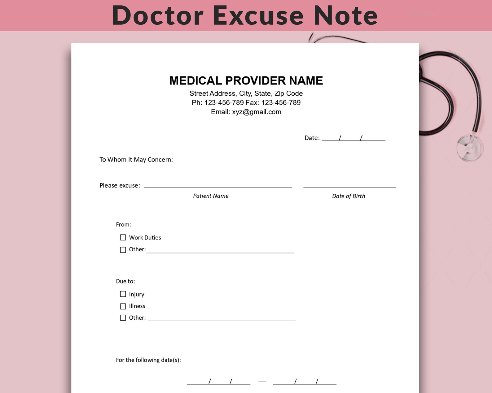 Doctor Excuse Template, Drs Note for Work, School Excuse Note, Doctor ...