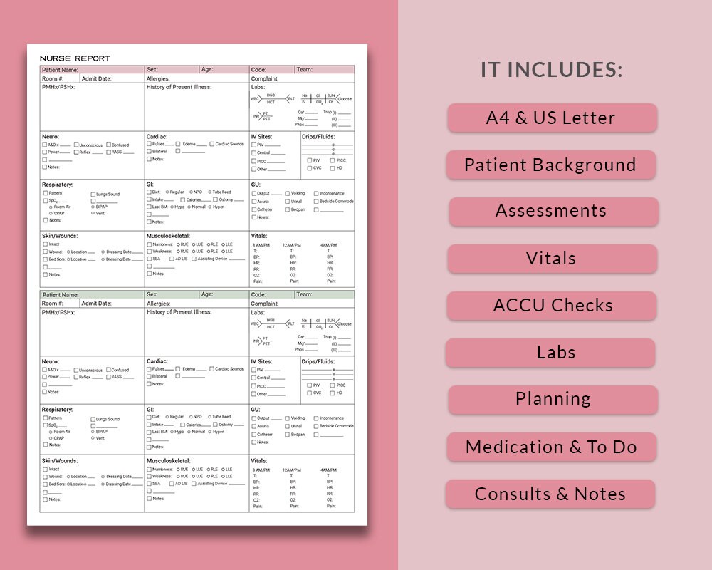 2 Patient Nursing Report Sheet Med Surg ICU Report Sheet - Etsy Canada