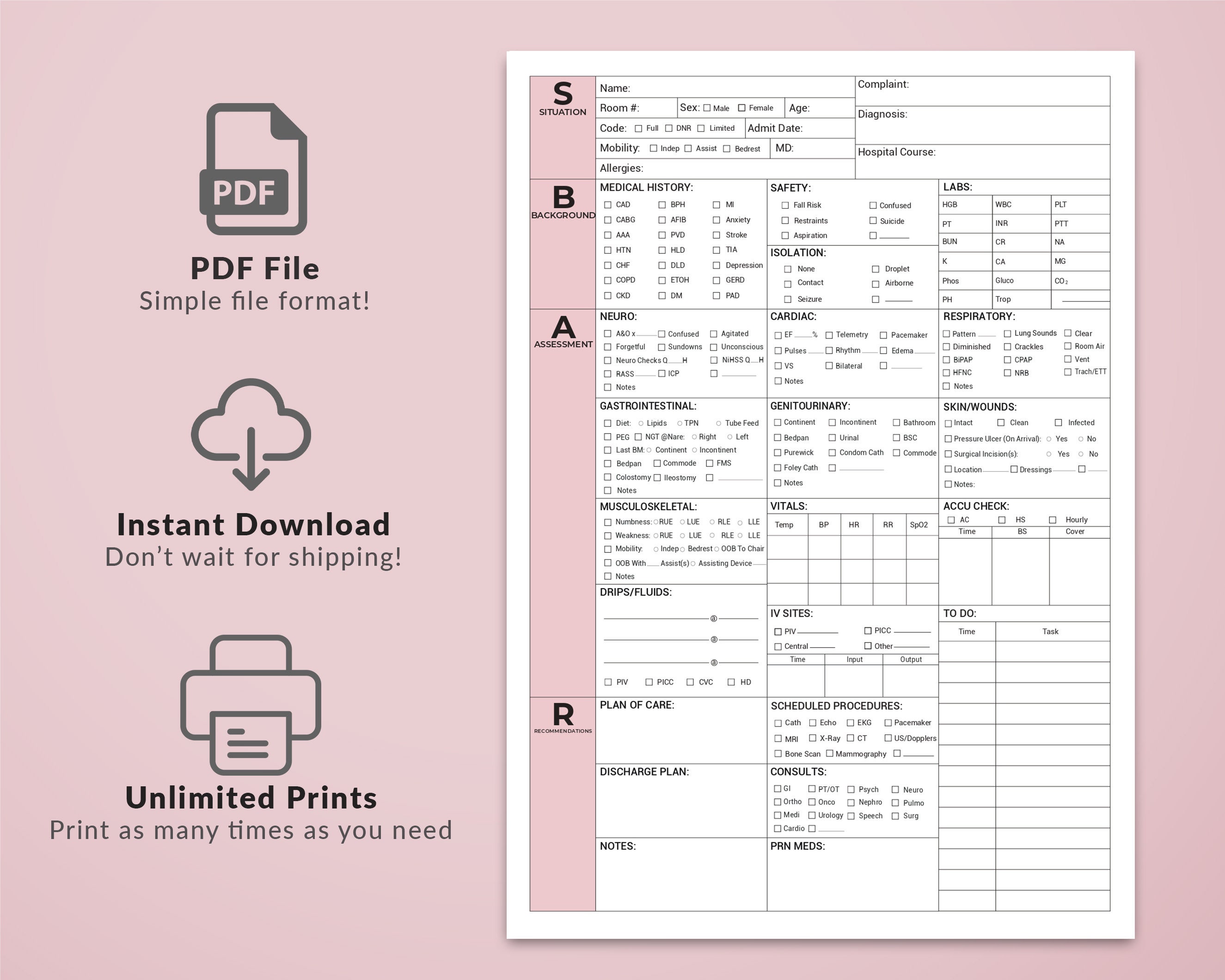 SBAR Nursing Report Sheet ICU Brain Sheet Med Surg Nurse Brain Report Sheet Nursing ICU Nurse ...
