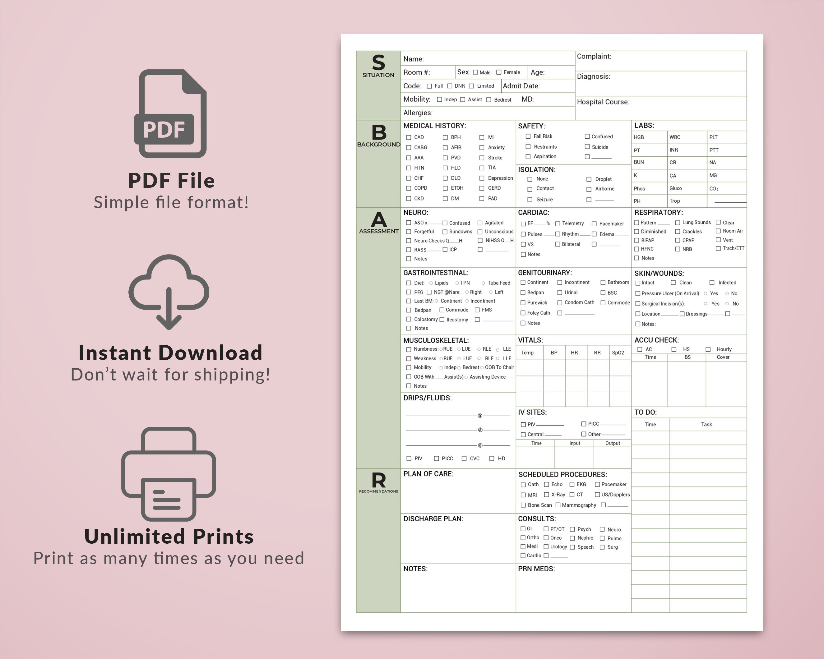 Bundle ICU SBAR Nurse Report Sheet Nursing Brain Sheet Med - Etsy