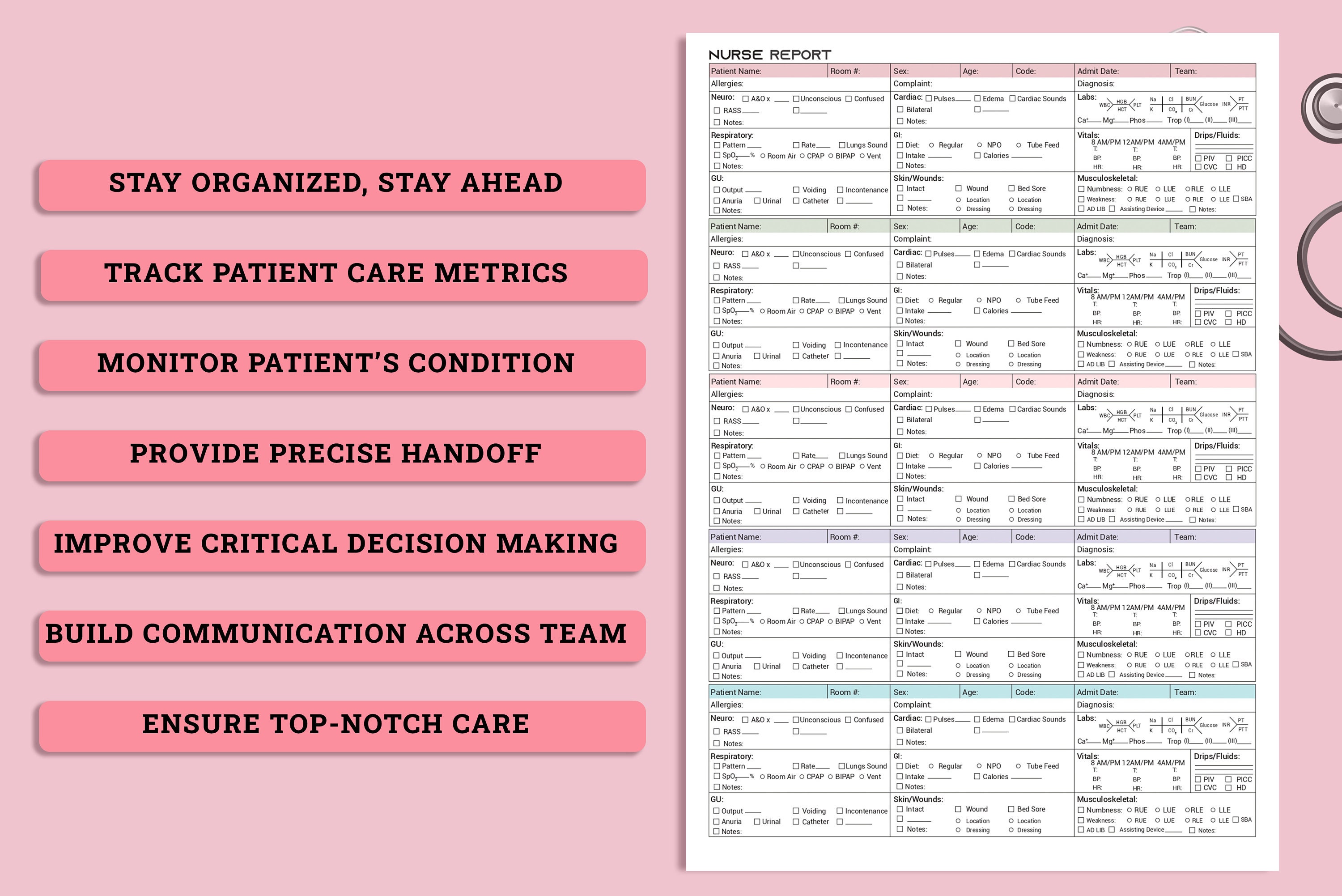 Hoja de informe de enfermería para 5 pacientes, Hoja de informe de ...