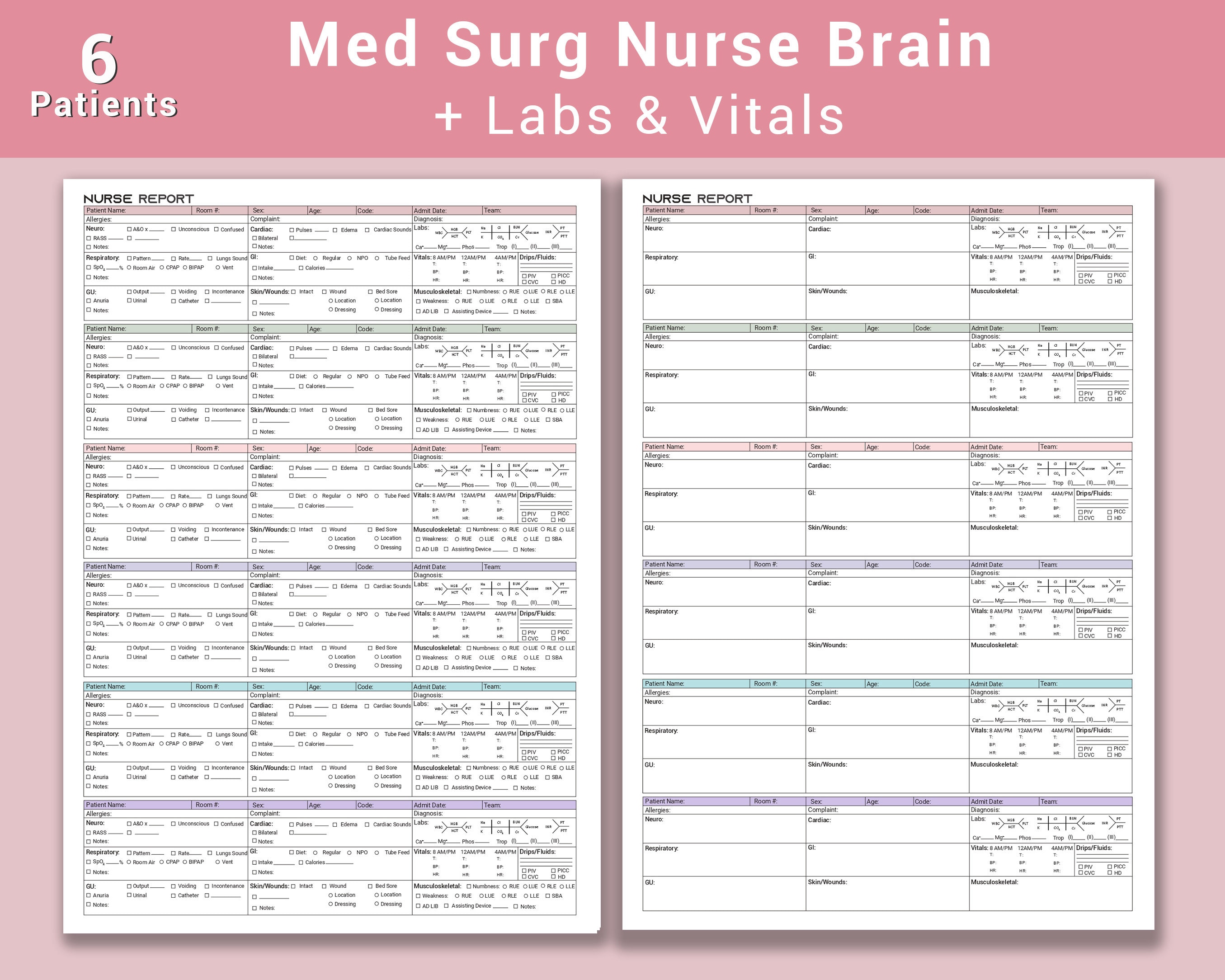 6 Patient Nursing Brain Sheet Multiple Patient Report Sheet Medsurg ...
