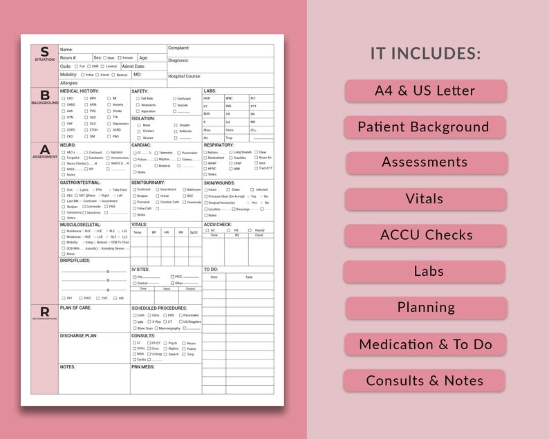 SBAR Nursing Report Sheet ICU Brain Sheet Med Surg Nurse Brain Report Sheet Nursing ICU Nurse ...
