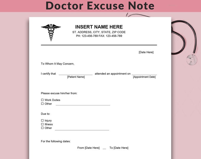 Doctor Excuse Template, Doctor Excuse for Work, Doctor Excuse Letter ...