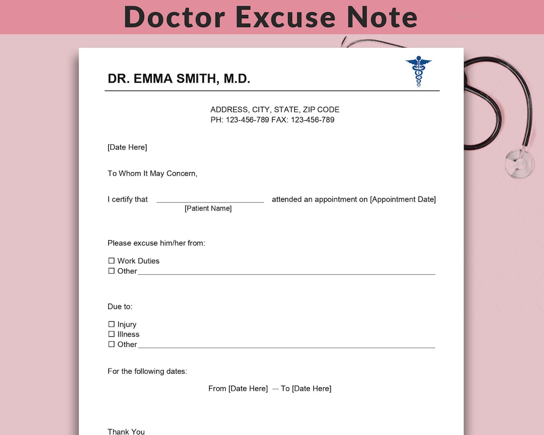 Editable Doctor Excuse Template, School Excuse Note, Printable Doctor ... Editable Doctor Excuse Template, School Excuse Note, Printable Doctor ...