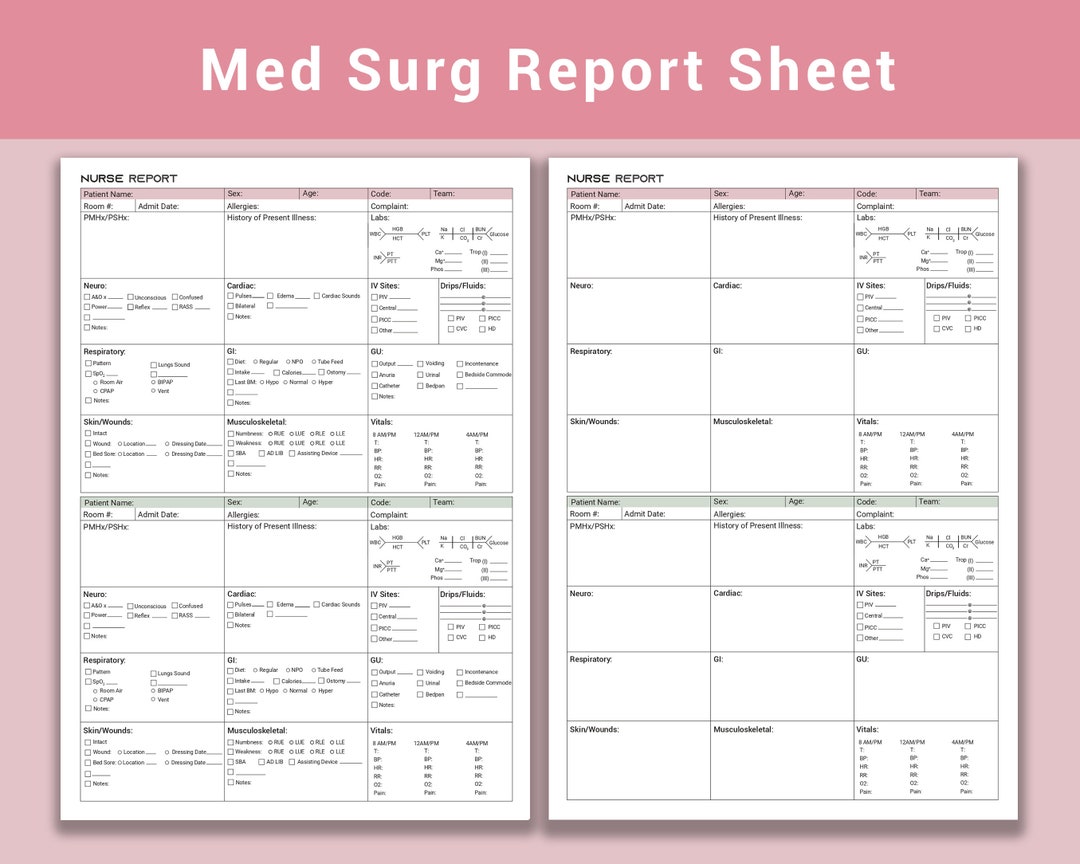 2 Patient ICU Report Sheet Med Surg Template Patient Report - Etsy Canada