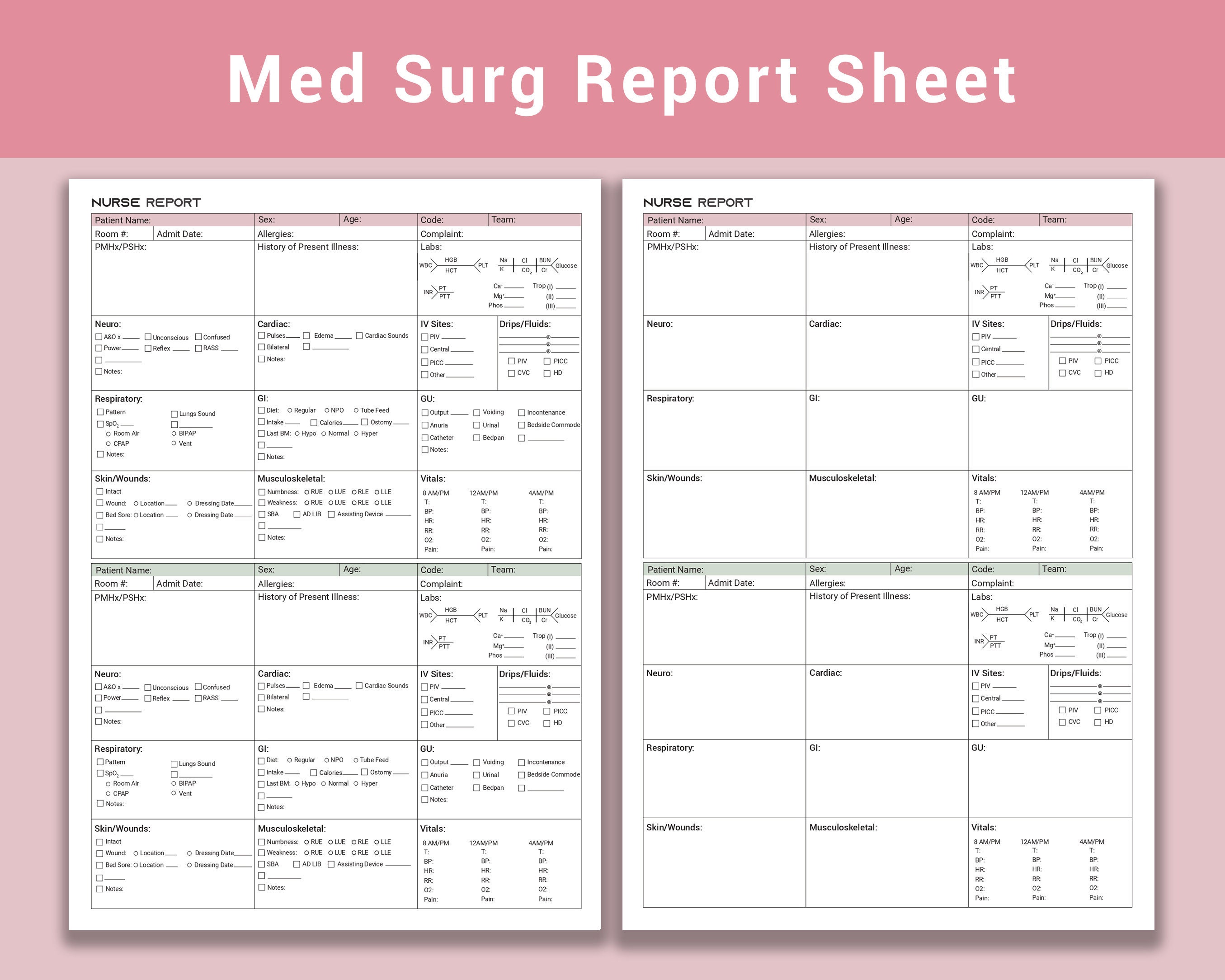 2 Patient ICU Report Sheet Med Surg Template Patient Report - Etsy Canada
