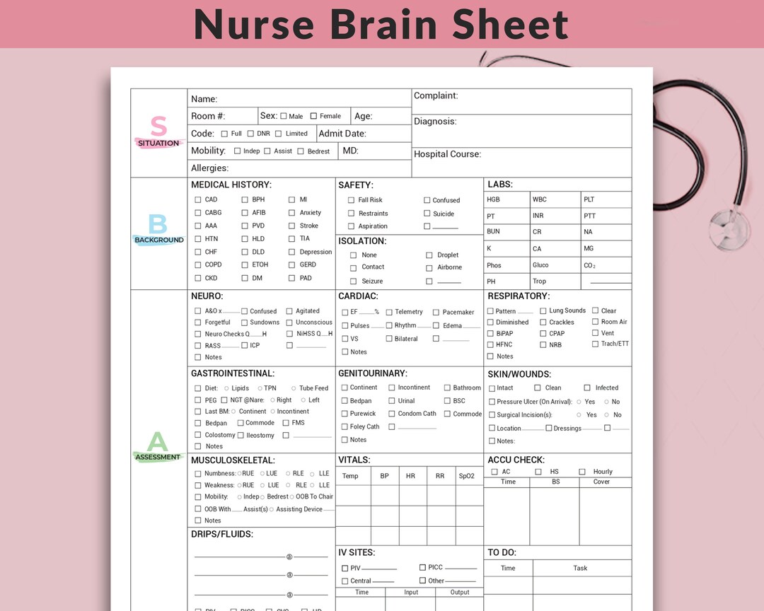 SBAR Nursing Med Surg Report Sheet ICU Brain Sheet, Nurse Report Sheet ...