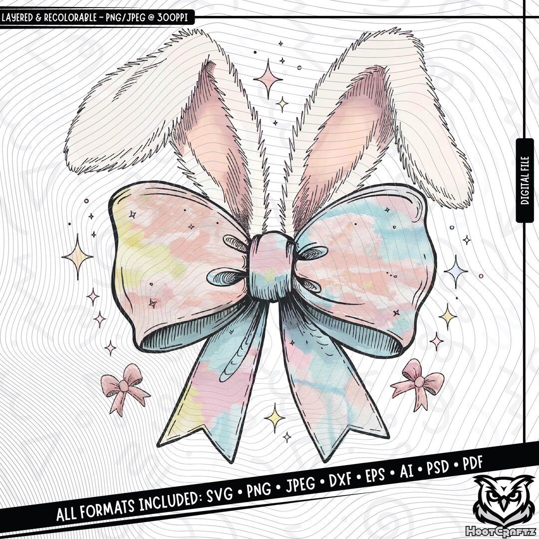 Easter Bunny Bow SVG PNG, Watercolor Tie-dye Bow Clipart, Pastel Bunny ...