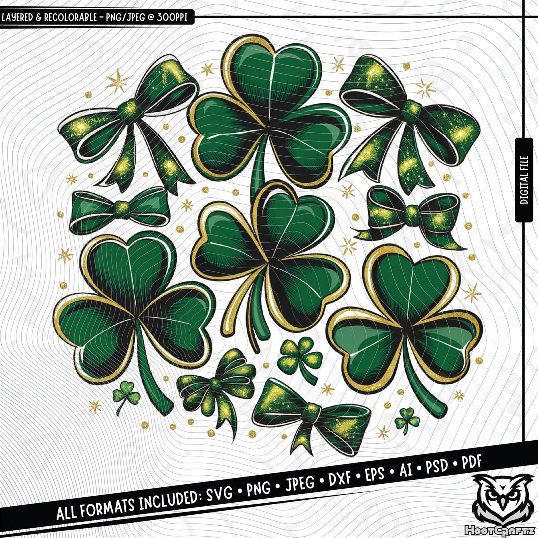 Lucky Shamrock Clipart, St. Patrick’s Day Clover & Bow PNG SVG, Glitter ...