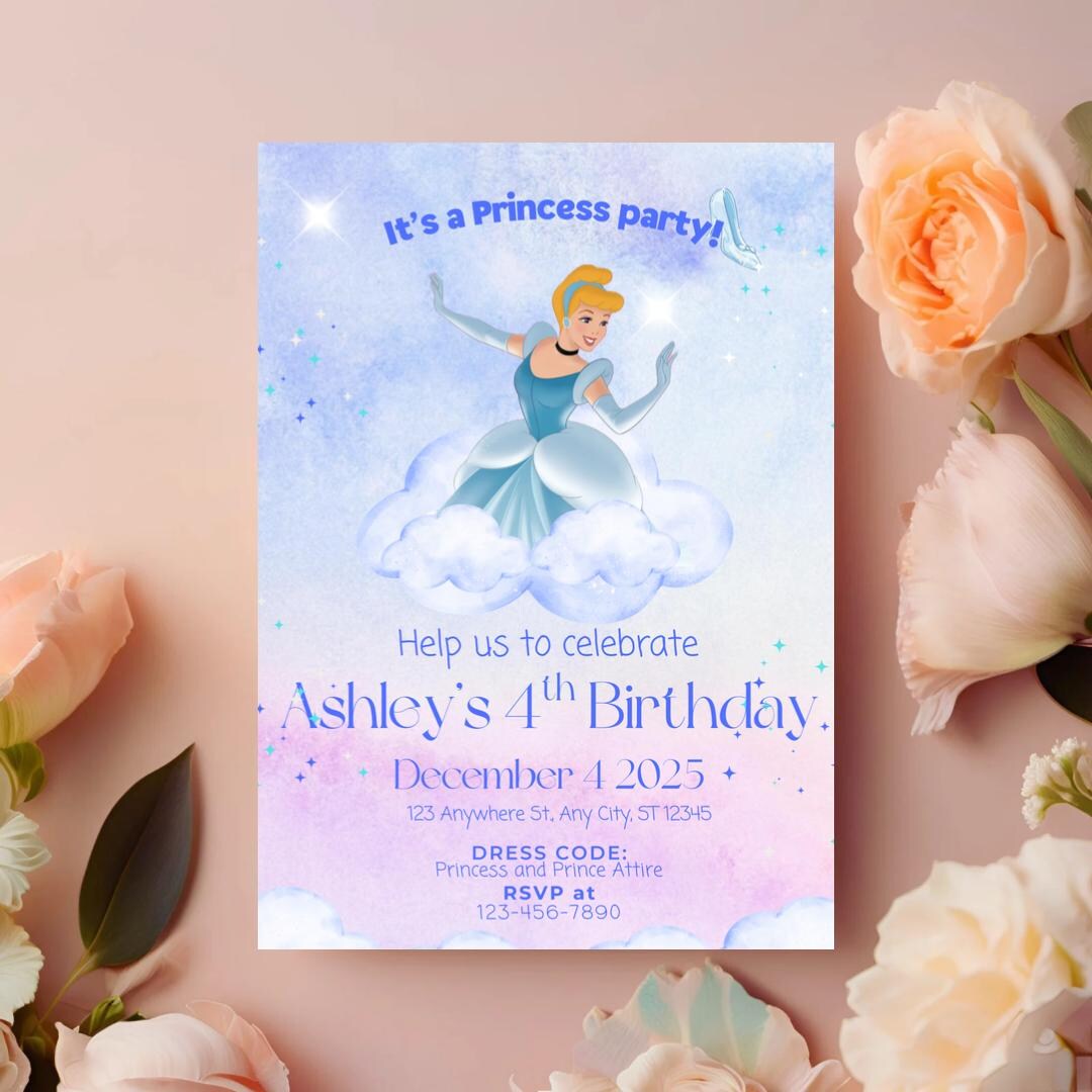 Princess 4th Birthday Invitation Princess Cinderella Party Invitation ...