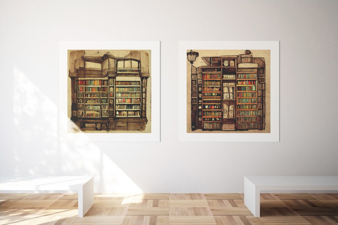 Vintage Library Art | Retro Library Art | Bookshelf Art | 2-PACK ...