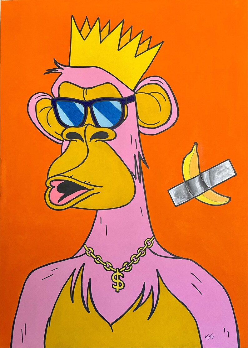 The Pink Monkey by Cattelan Original Painting Pop Art, Monkey Portrait ...
