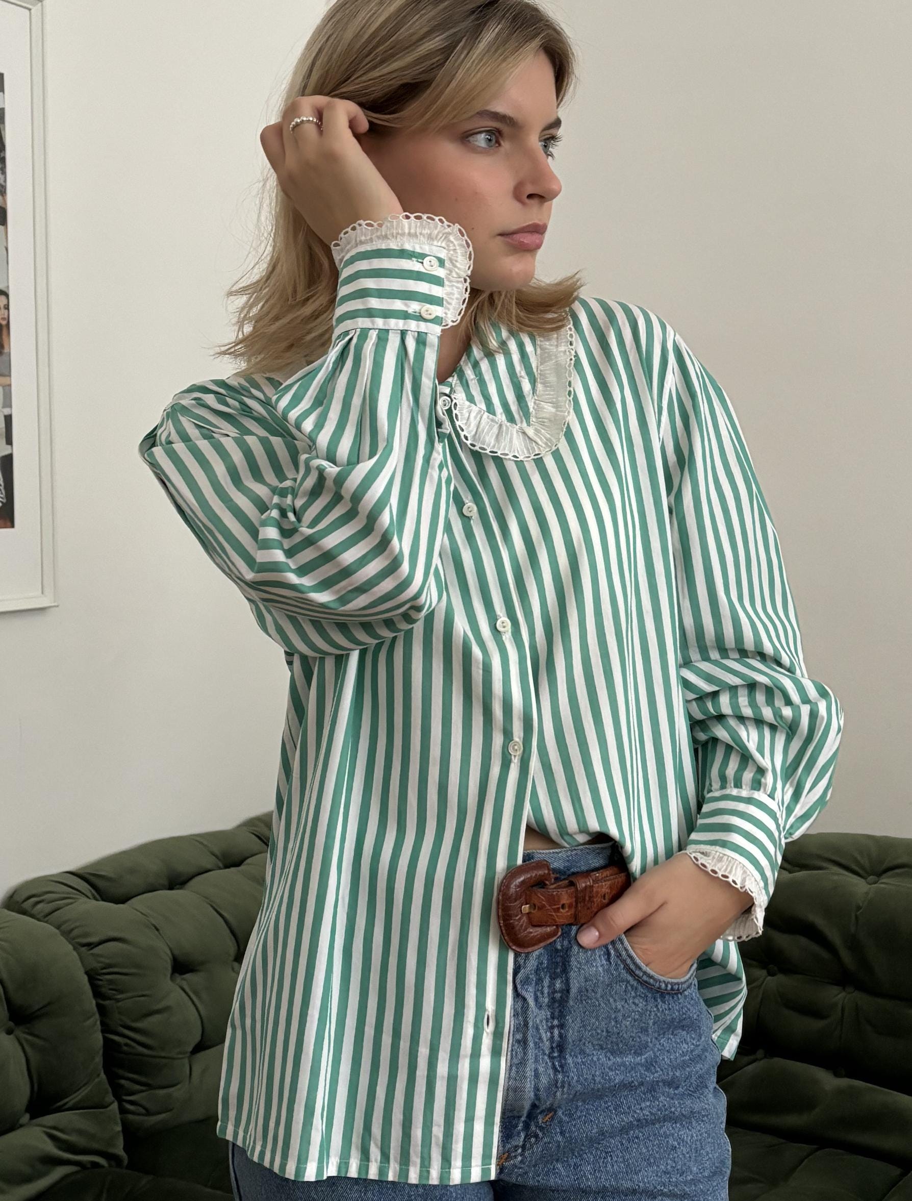 Vintage Green and White Striped Folk Blouse / Shirt With Statement ...