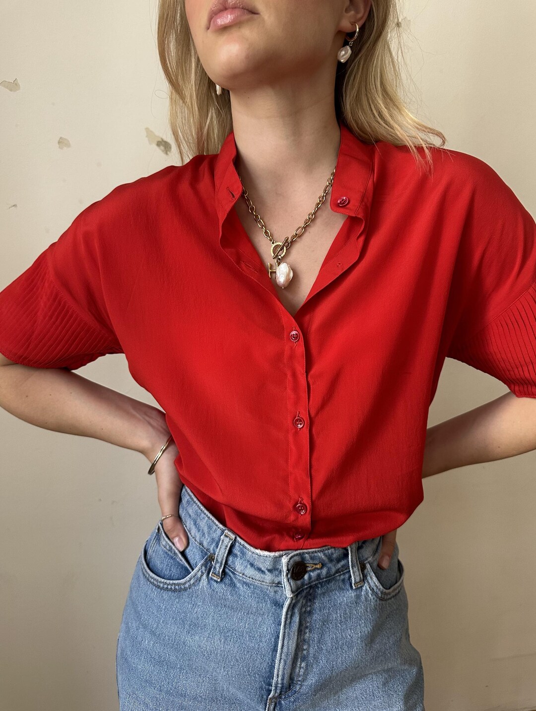 Vintage Red Pancaldi & B Silk Short Sleeve Italian Blouse / Made in ...