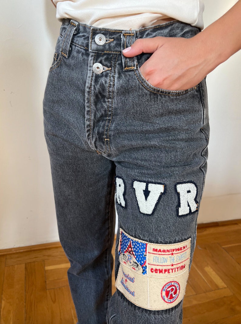Super Cool 80s High Waisted Vintage Gray Jeans With Patches / 80s Denim ...