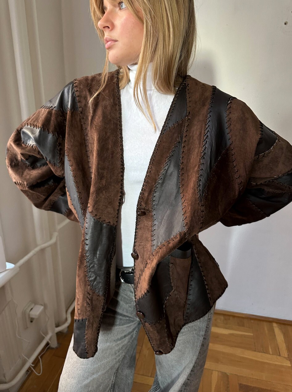 Beautiful Vintage Brown Leather Patchwork Coat / Stiched - Etsy