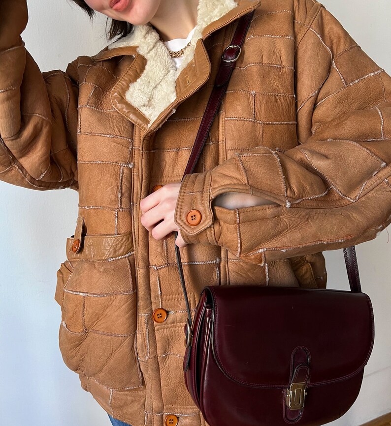 Vintage Patchwork Camel Color Shearling Coat / Suede Coat / Leather Jacket / Cool Sheepskin Coat ...