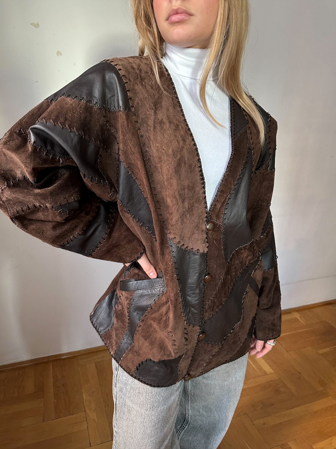 Beautiful Vintage Brown Leather Patchwork Coat / Stiched - Etsy