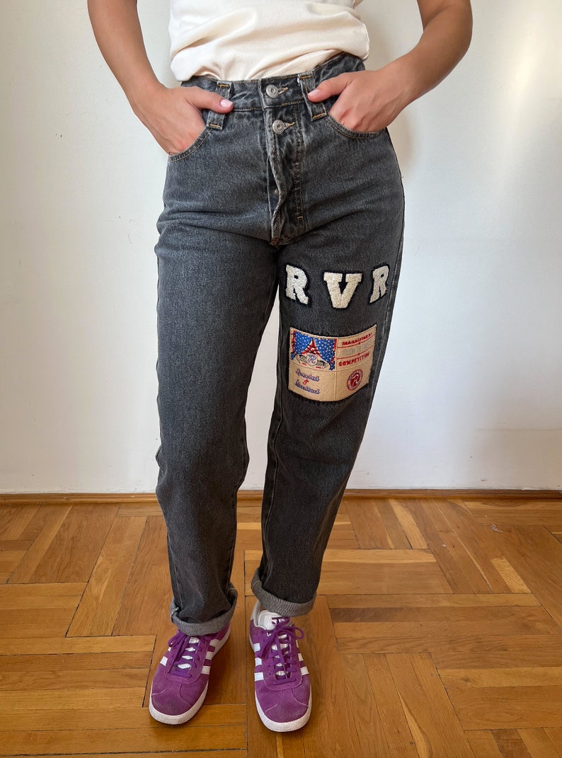 Super Cool 80s High Waisted Vintage Gray Jeans With Patches / 80s Denim ...