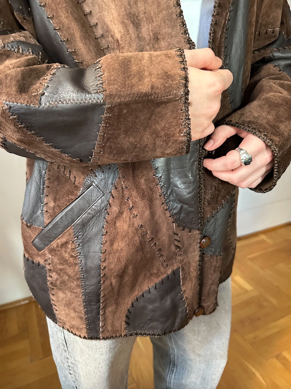 Beautiful Vintage Brown Leather Patchwork Coat / Stiched Genius Leather ...