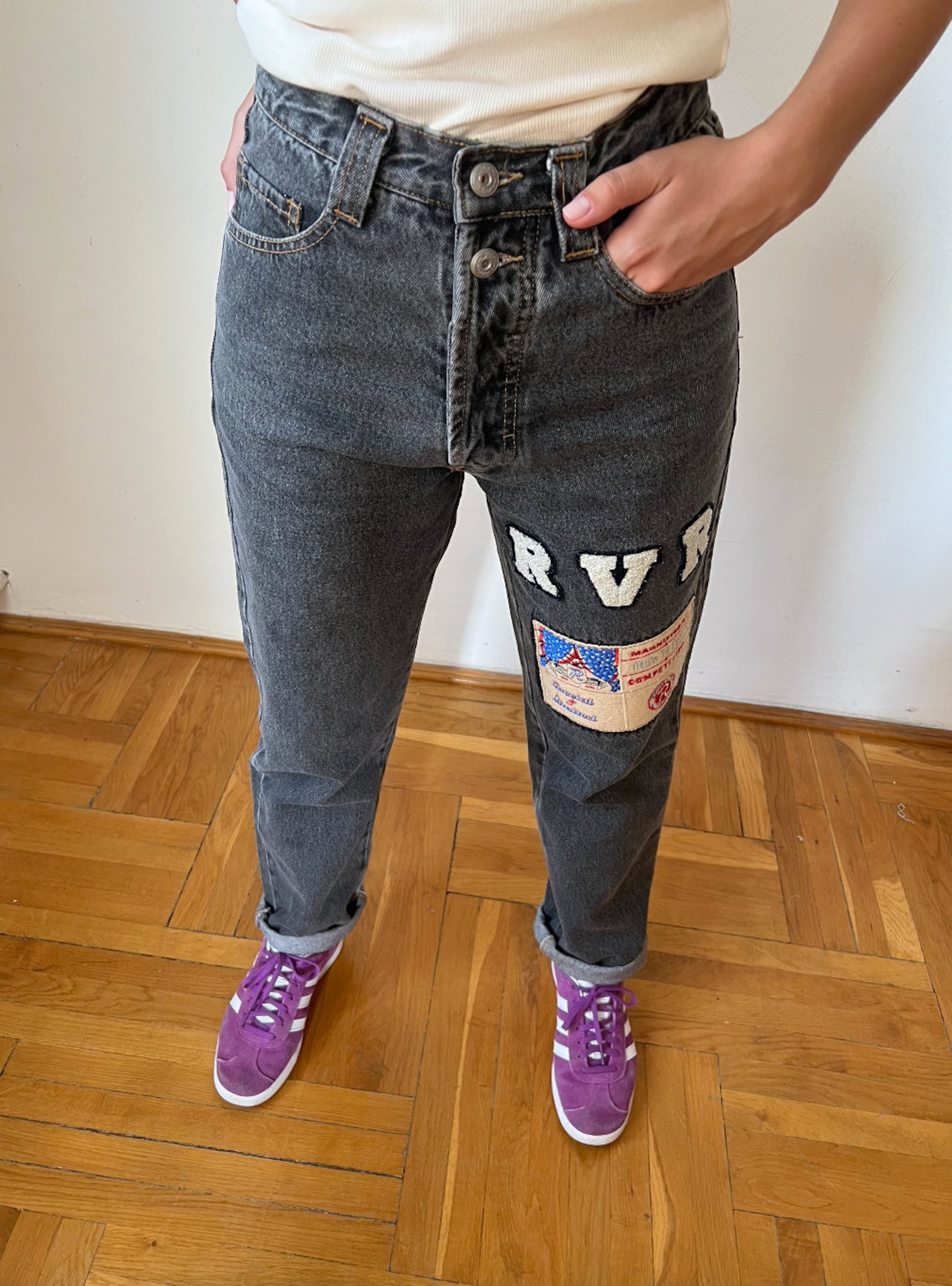 Super Cool 80s High Waisted Vintage Gray Jeans With Patches / 80s Denim ...