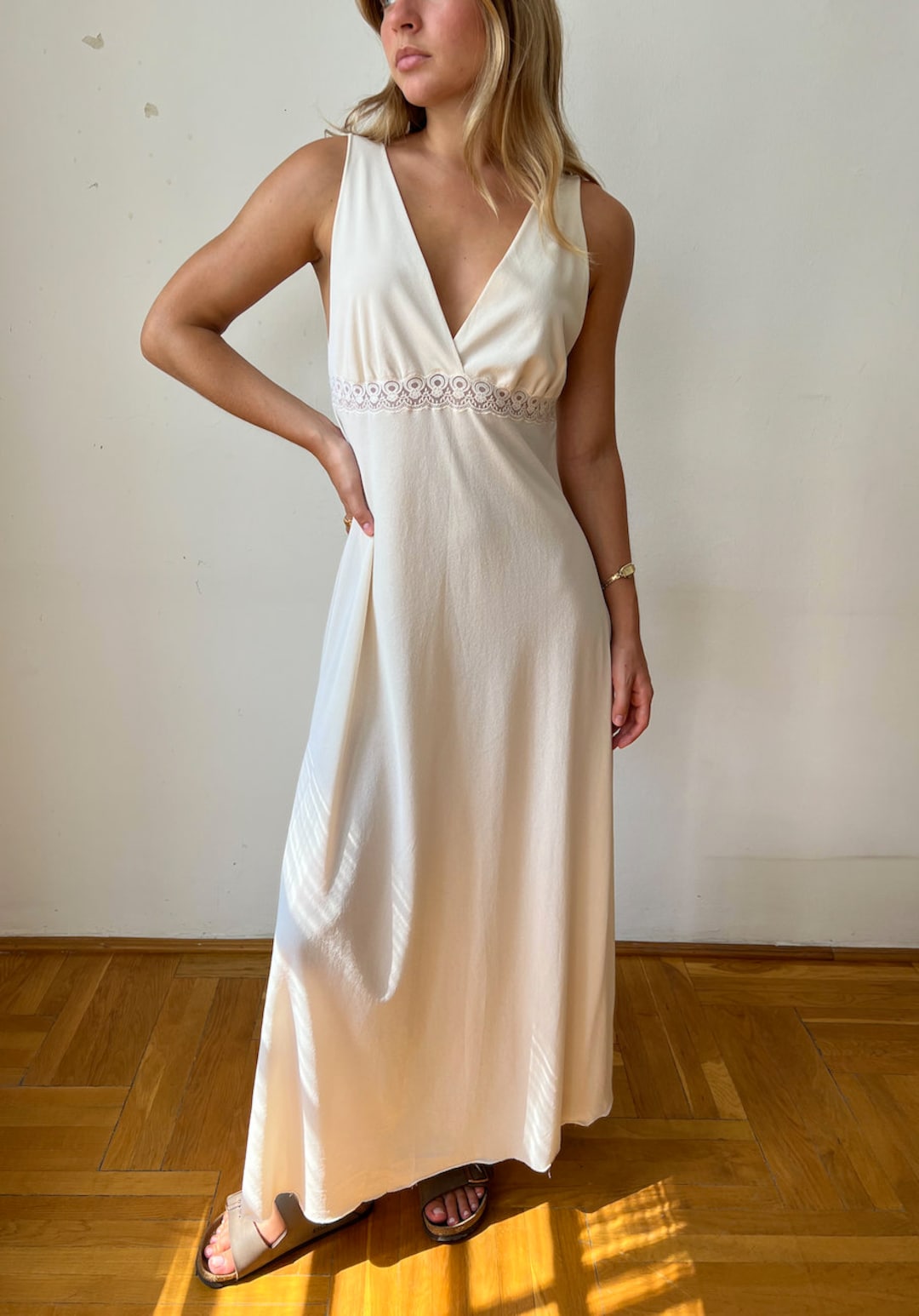 Beautiful Vintage / Antique Ecru White Light Long Dress With Lace ...