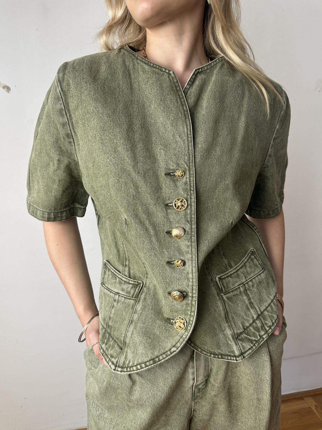 Vintage Cool Green Austrian Folk Denim Set / Jacket and Short Trousers ...