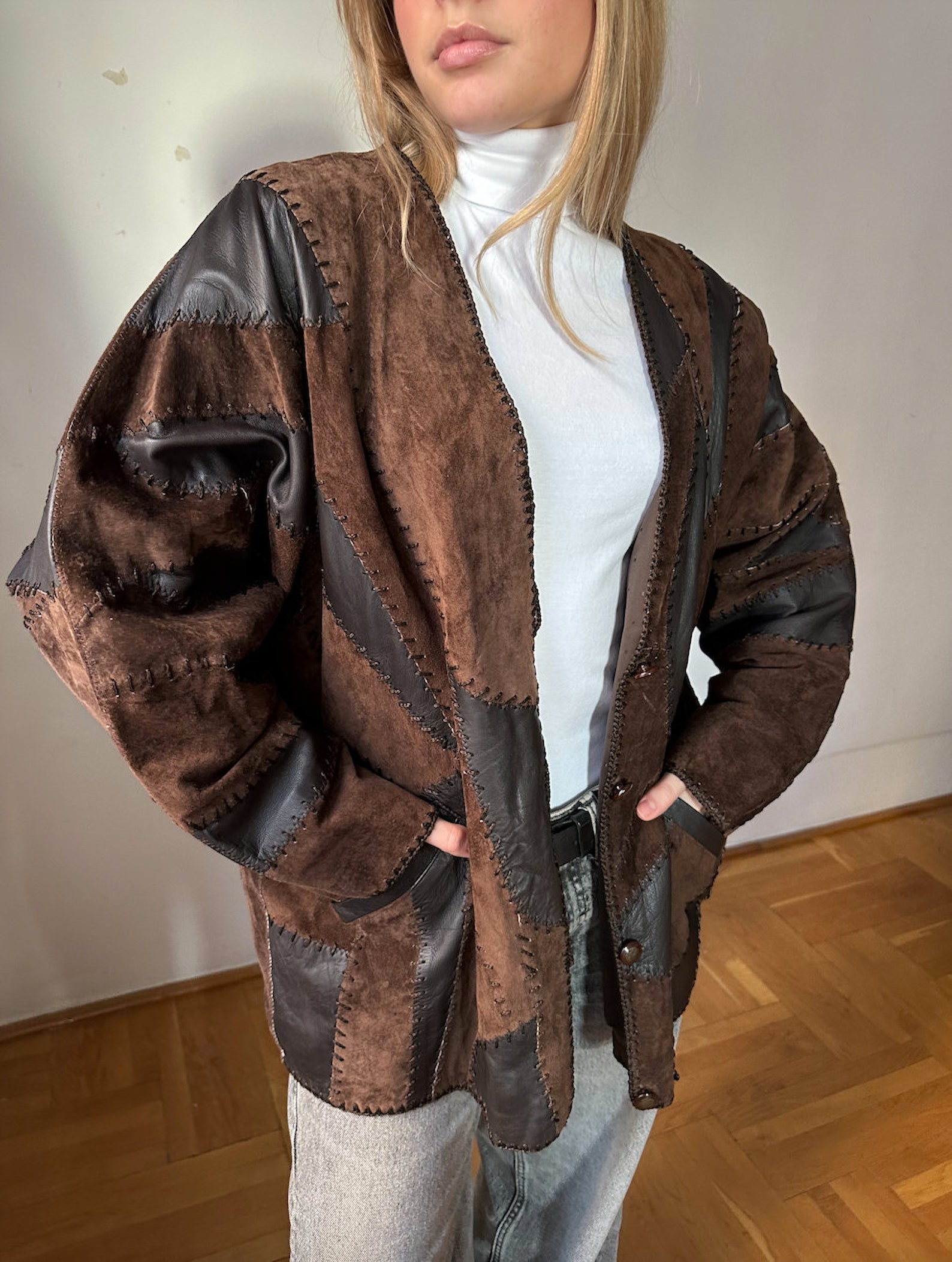 Beautiful Vintage Brown Leather Patchwork Coat / Stiched Genius Leather ...