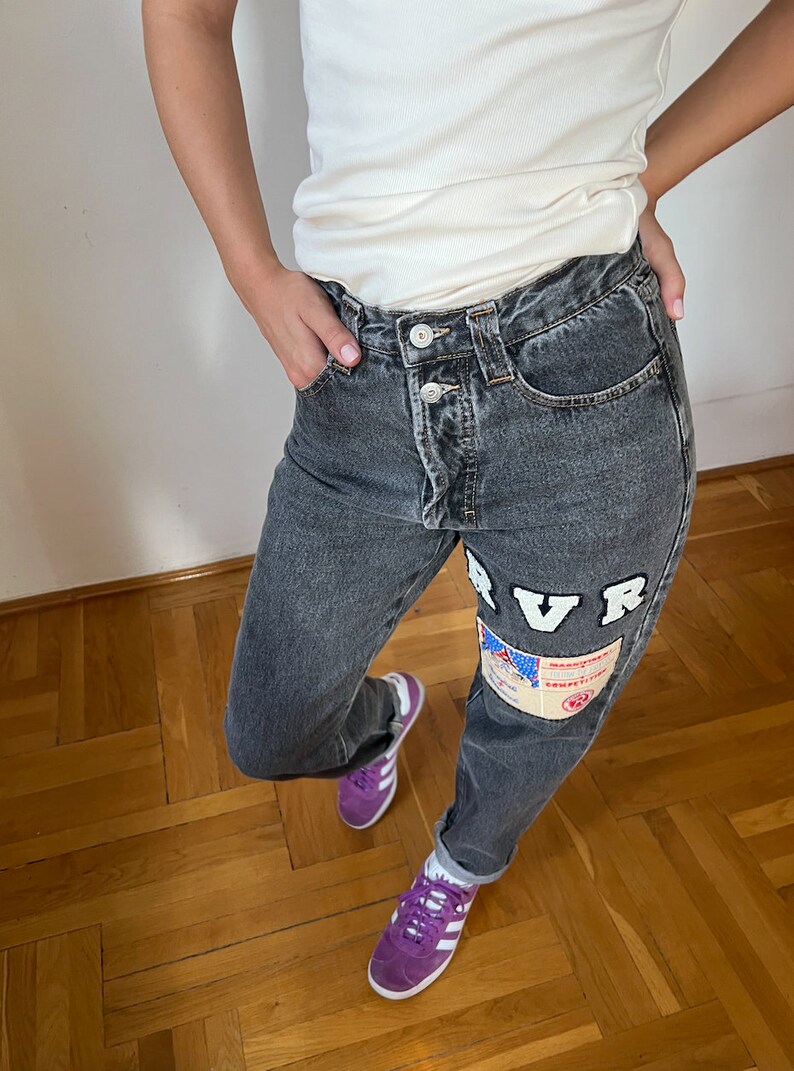 Super Cool 80s High Waisted Vintage Gray Jeans With Patches / 80s Denim ...
