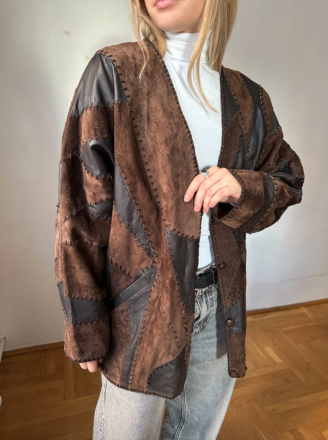 Beautiful Vintage Brown Leather Patchwork Coat / Stiched Genius Leather ...