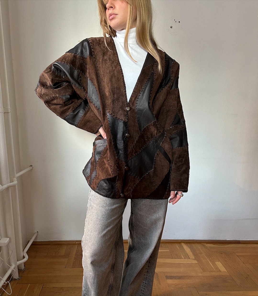 Beautiful Vintage Brown Leather Patchwork Coat / Stiched Genius Leather ...