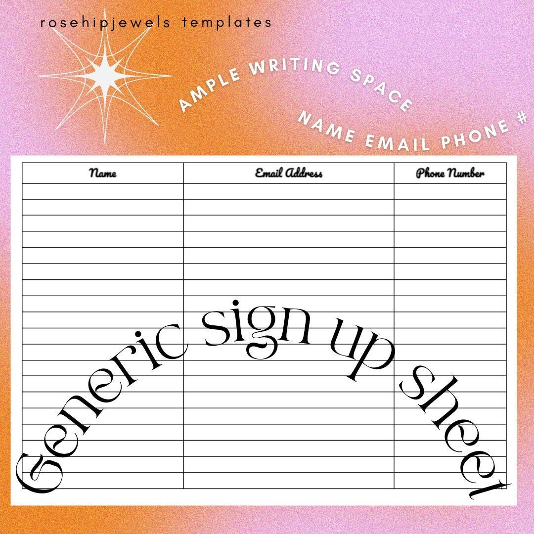 Generic Sign-up Sign-in Sheet: Name, Email, Phone Number (ample Writing ...