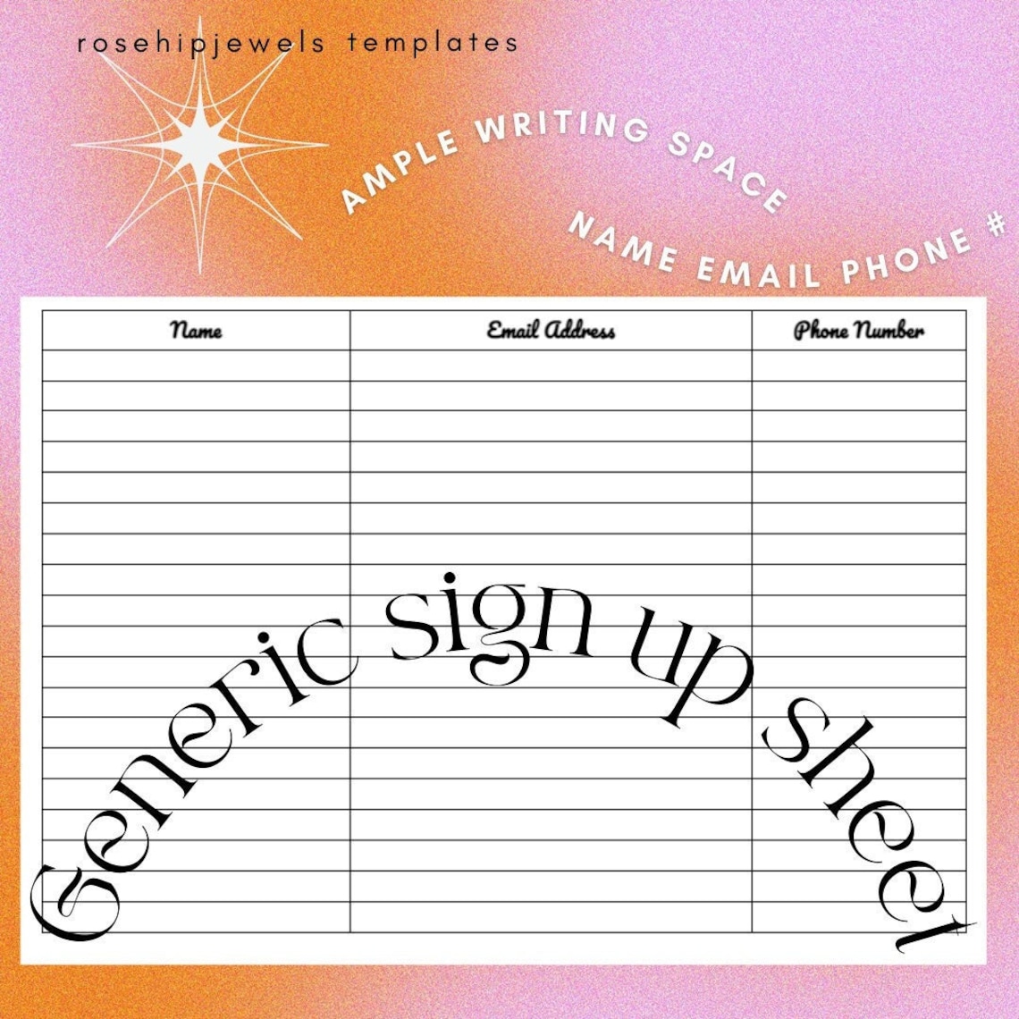 Generic Sign-up Sign-in Sheet: Name, Email, Phone Number (ample Writing ...