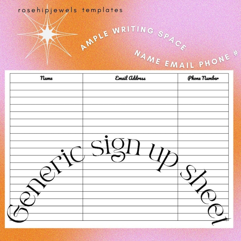Generic Sign-up Sign-in Sheet: Name, Email, Phone Number (ample Writing ...