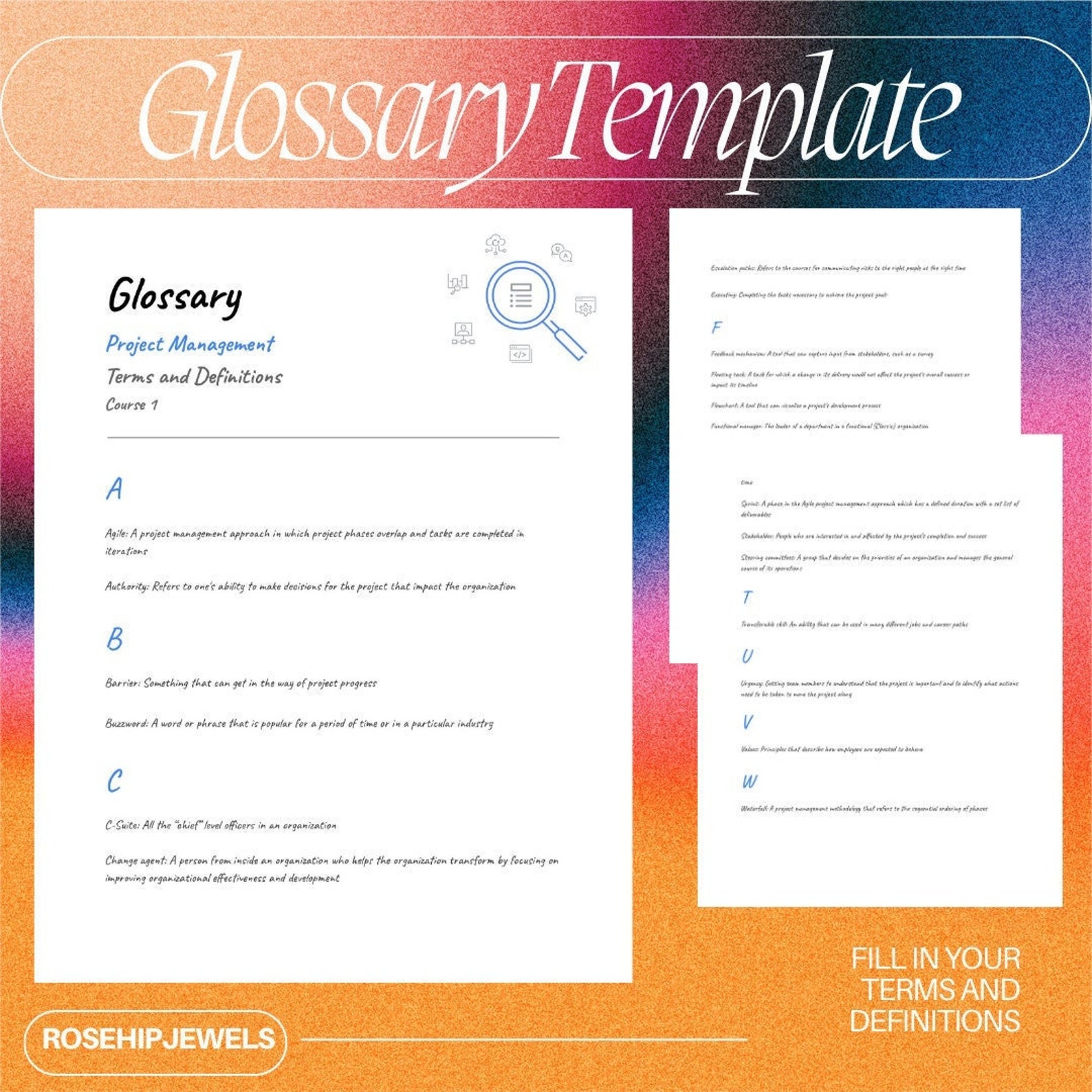 Vocabulary Glossary Template Terms and Definitions Customizable for ...