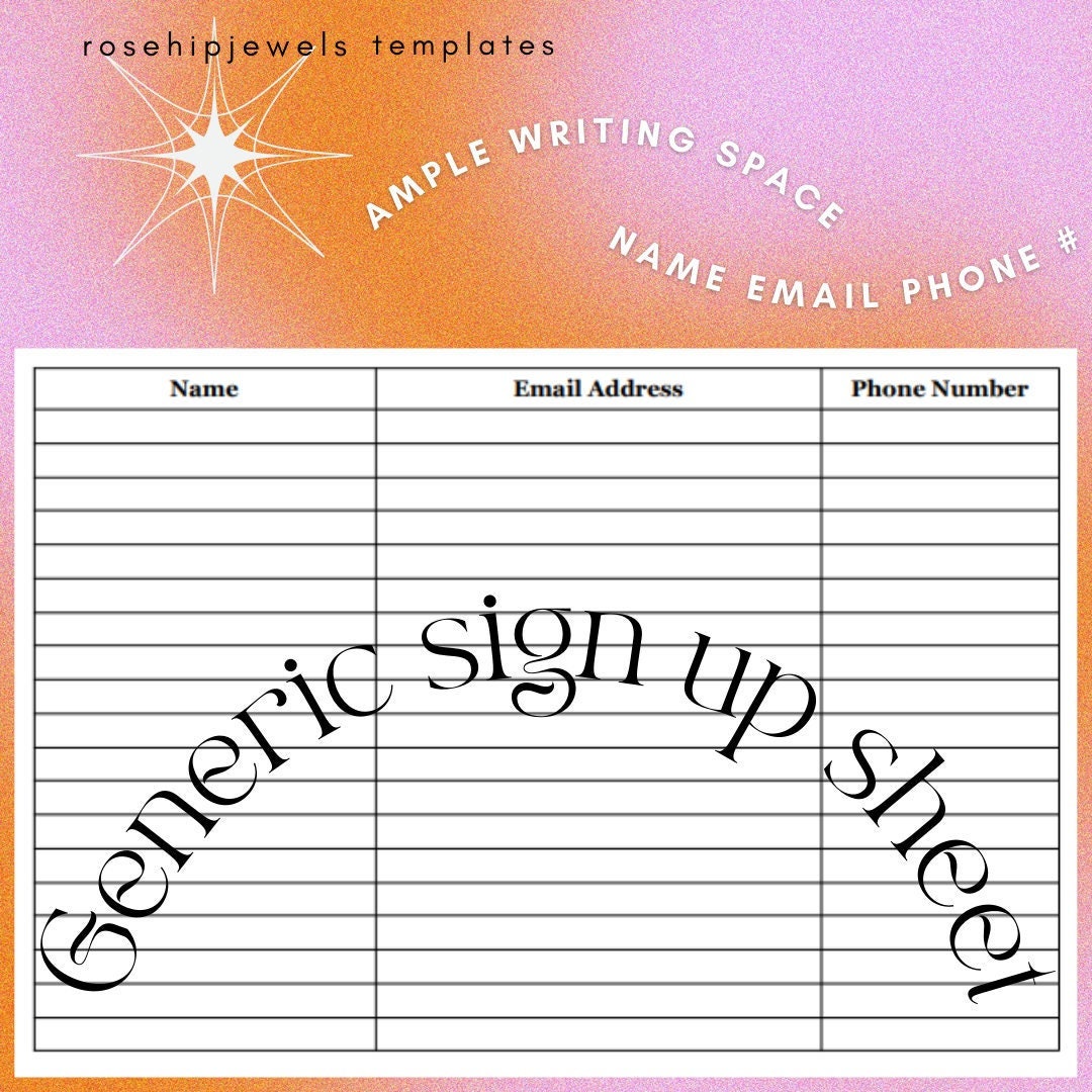Generic Sign-up Sign-in Sheet: Name, Email, Phone Number (ample Writing ...